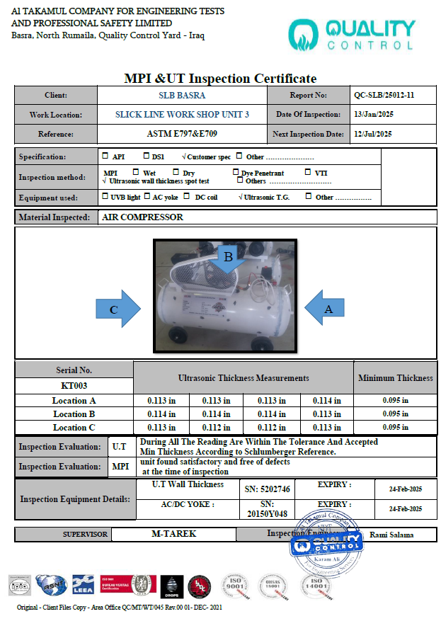 SLB BASRA SLICKLINE CERTIFICATE NO QC-SLB-25012-11 DATE OF INSPECTION ...