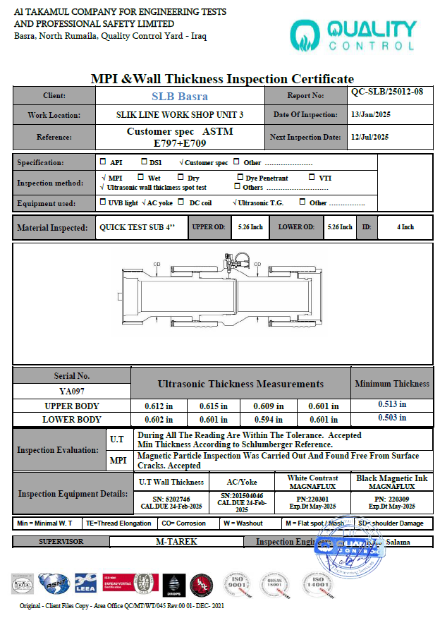 SLB BASRA SLICKLINE CERTIFICATE NO QC-SLB-25012-11 DATE OF INSPECTION ...