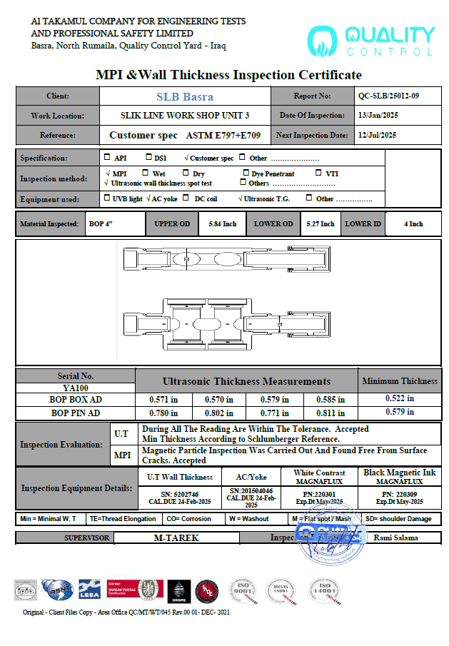 SLB BASRA SLICKLINE CERTIFICATE NO QC-SLB-25012-09 DATE OF INSPECTION ...