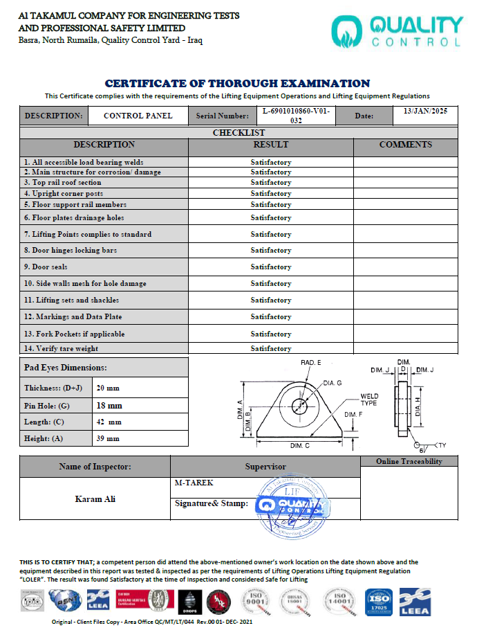 SLB Basra Slickline JOB NO: QC-SLB/25012-54A B Date of Examination: 13 ...