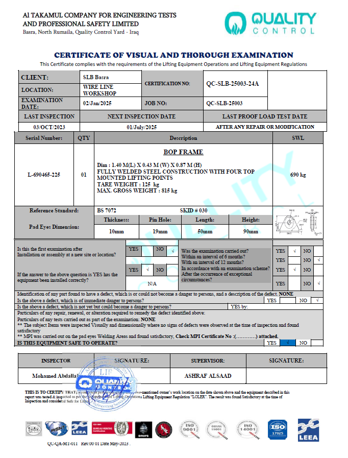 SLB BASRA WIRE LINE CERTIFICATE NO QC-SLB-25003-24A -B INSPECTION DATE ...