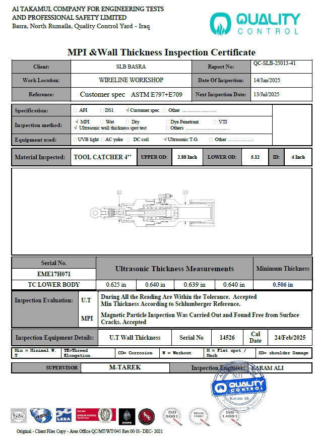 SLB BASRA WIRELINE CERTIFICATE NO QC-SLB-25013-41 DATE OF INSPECTION 13 ...