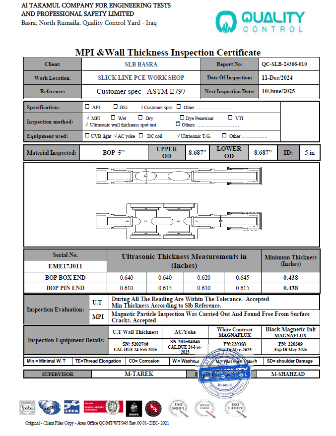 SLB BASRA SLICKLINE-PCE CERTIFICATE NO QC-SLB-24366-010 DATE OF ...
