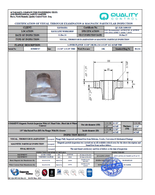 SLB BASRA SLICKLINE-PCE CERTIFICATE NO QC-SLB-24366-019 DATE OF ...