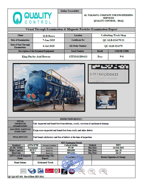 SLB BASRA COILTUBING CERTIFICATE NO QC-SLB-24375-23 DATE OF INSPECTION ...