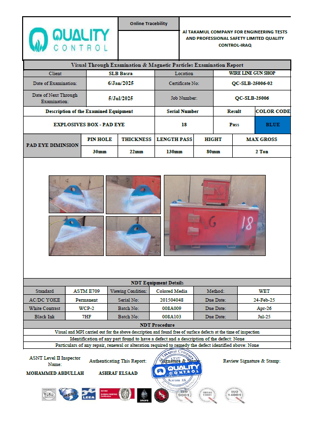 SLB BASRA WIRELINE CERTIFICATE NO QC-SLB-25006-02 DATE OF INSPECTION 06 ...