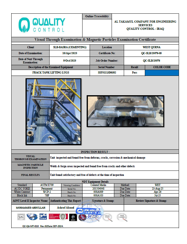 SLB BASRA CEMENTING CERTIFICATE NO QC-SLB-25076-05 DATE OF INSPECTION ...
