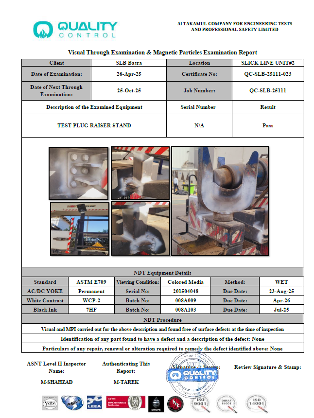SLB BASRA SLICKLINE CERTIFICATE NO QC-SLB-25111-23 DATE OF INSPECTION ...