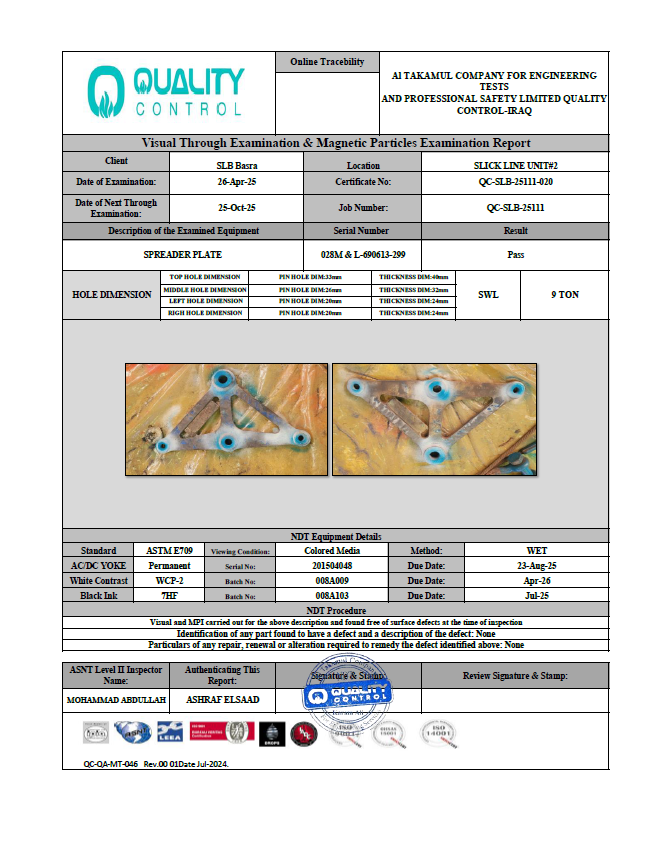 SLB BASRA SLICKLINE CERTIFICATE NO QC-SLB-25111-20 DATE OF INSPECTION ...