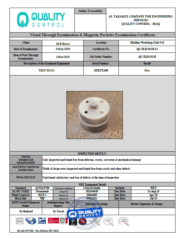 SLB BASRA SLICKLINE CERTIFICATE NO QC-SLB-25118-12 DATE OF INSPECTION ...