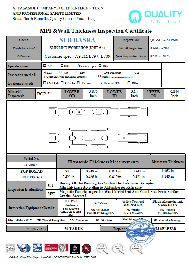 SLB BASRA SLICKLINE CERTIFICATE NO QC-SLB-25119-01 DATE OF INSPECTION ...