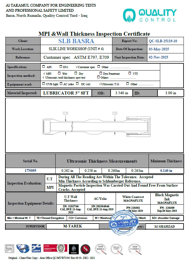 SLB BASRA SLICKLINE CERTIFICATE NO QC-SLB-25119-10 DATE OF INSPECTION ...