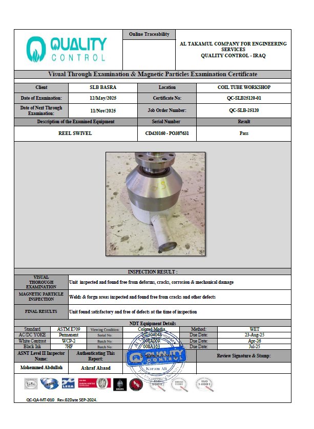 SLB Basra Coil tubing Certificate No: QC-SLB-25120-01 Date Of ...