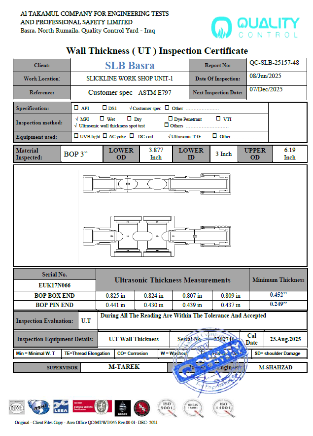 SLB BASRA SLICKLINE CERTIFICATE NO QC-SLB-25157-48 DUE DATE 07-DEC-2025 ...