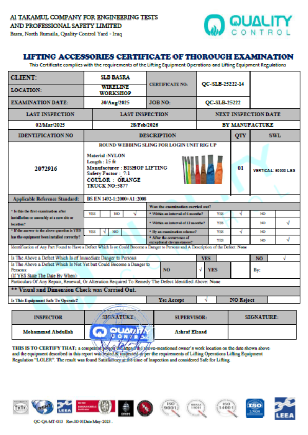 SLB BASRA WIRE LINE CERTIFICATE NO: QC-SLB-25222-14 DUE DATE: 28-FEB ...