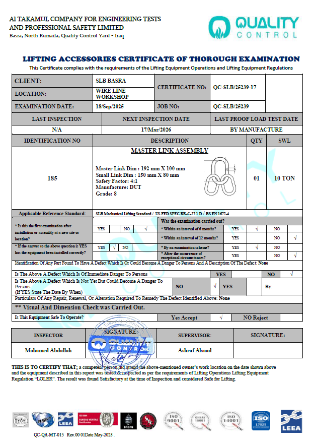 SLB BASRA WIRE LINE CERTIFICATE NO: QC-SLB-25239-17 DUE DATE: 17-MAR ...