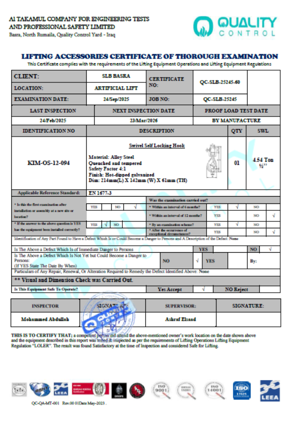 SLB BASRA ARTIFICIAL LIFT CERTIFICATE NO: QC-SLB-25245-60 DUE DATE : 23 ...