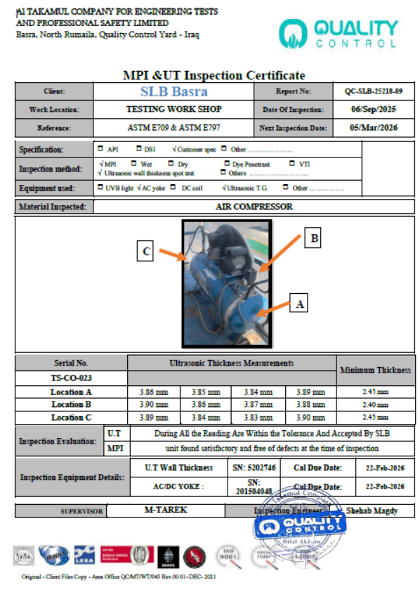 SLB BASRA TESTING CERTIFICATE NO. QC-SLB-25218-09 DUE DATE : 05-MAR ...