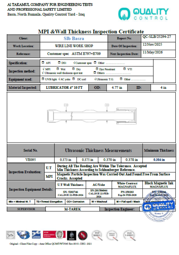 SLB BASRA WIRELINE SKID # 014 CERTIFICATE NO: QC-SLB-27 DUE DATE: 11 ...