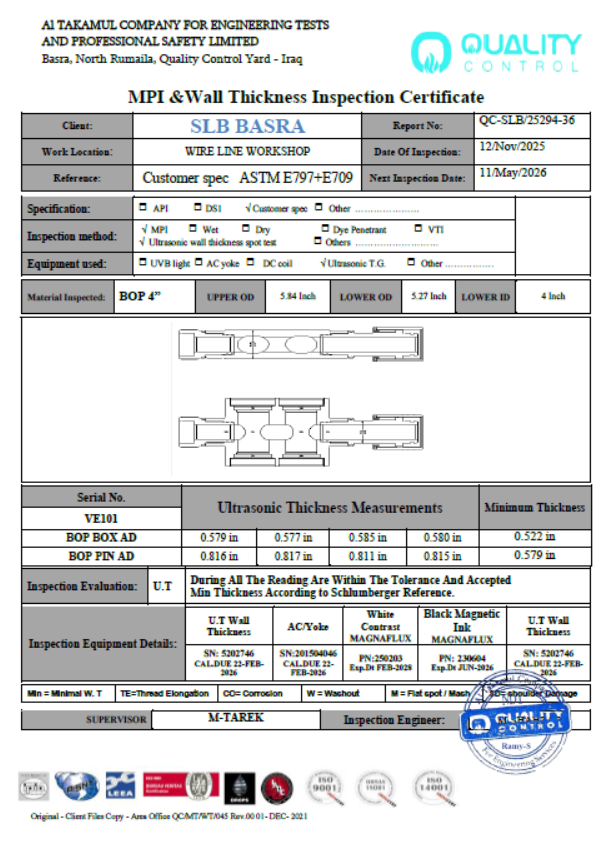 SLB BASRA WIRELINE SKID # 014 CERTIFICATE NO: QC-SLB-36 DUE DATE: 11 ...